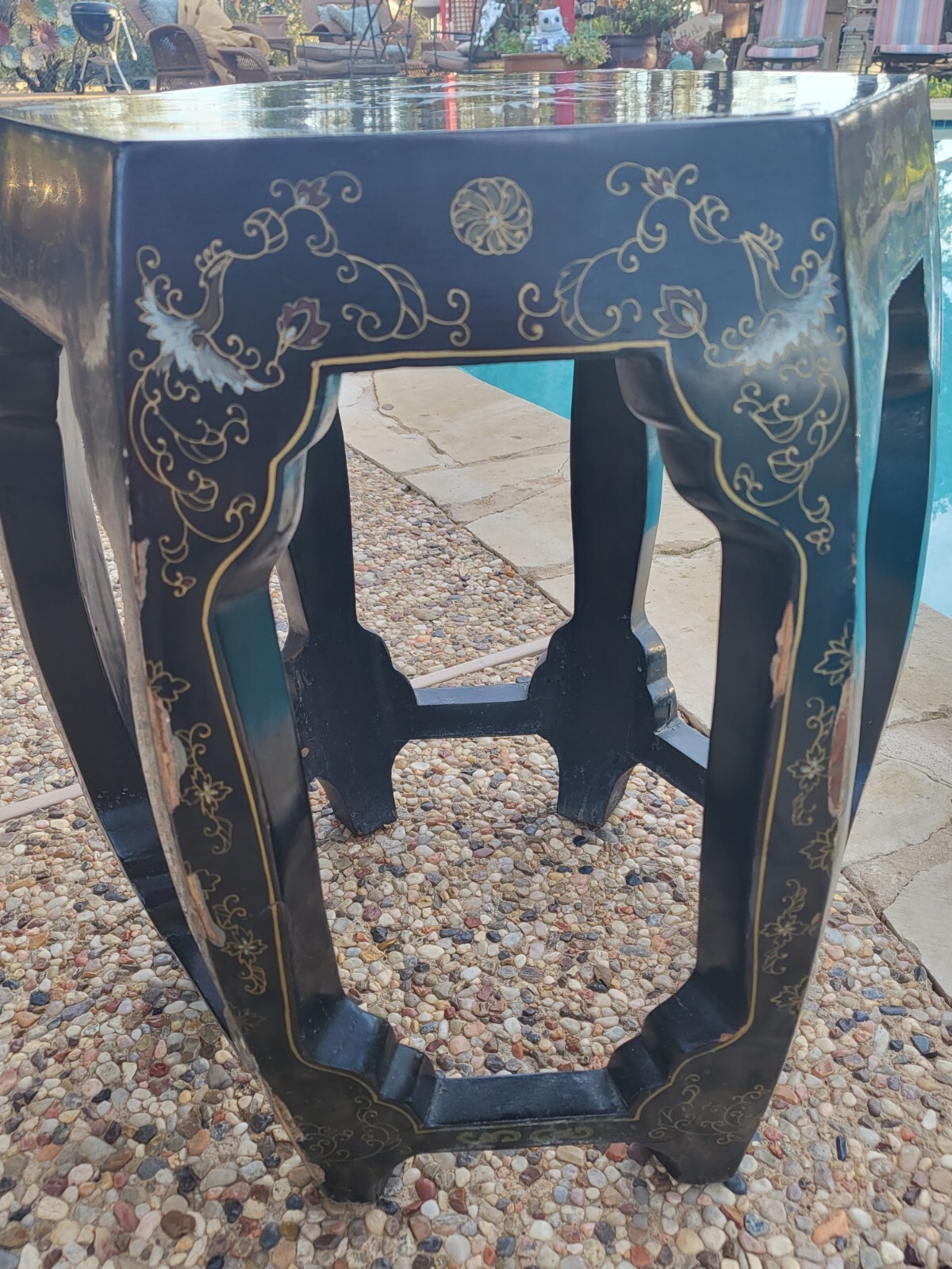 Vtg Chinoiserie Black Lacquer MOP Shell Inlay Oriental Drum Stool ...