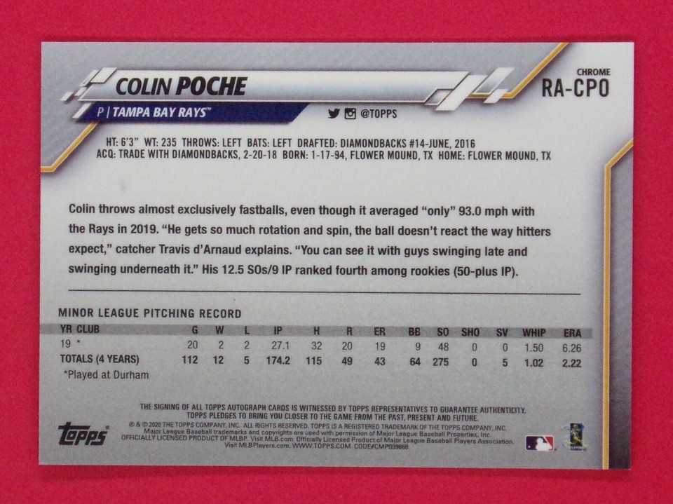 2020 Topps Chrome Colin Poche RC Rookie Autograph #RACPO Tampa Bay Rays ...