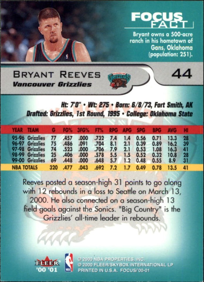 2000-01 Fleer Focus #44 Bryant Reeves | eBay