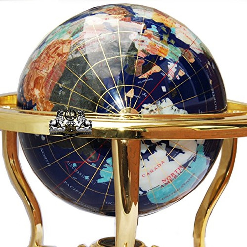 Unique Art Since 1996 14" Tall Blue Lapis Ocean Gemstone Globe with ...
