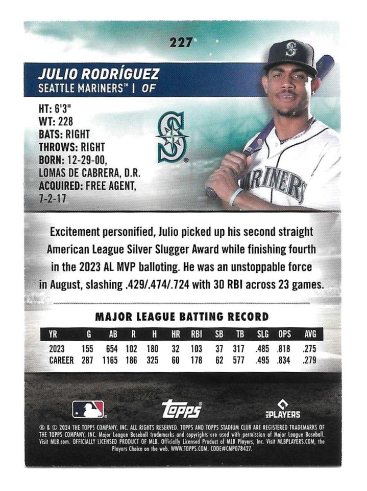 2024 Topps Stadium Club Julio Rodriguez #227 Pink Foil Parallel Seattle ...