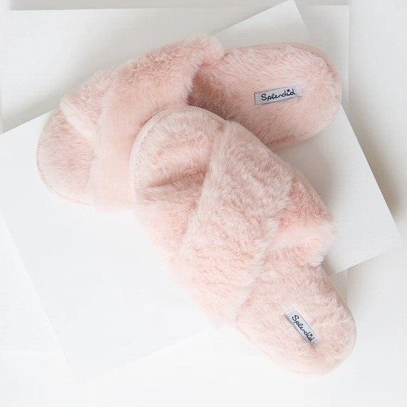 Splendid Slippers House Shoes Slides Sz S/M Pink Faux Fur Criss Cross ...