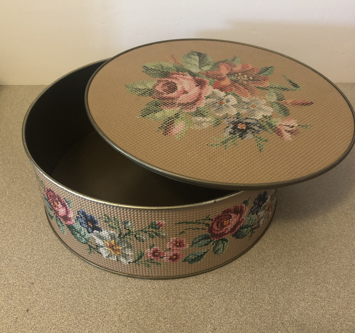 VINTAGE GUILDCRAFT NEW YORK Floral Needlepoint Round Tin Storage ...
