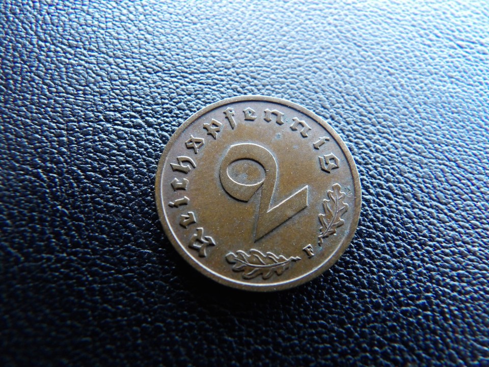2 pfennig 1938 F Coin Rare Old WWII Antique Germany 3rd Reich SS Nazi ...