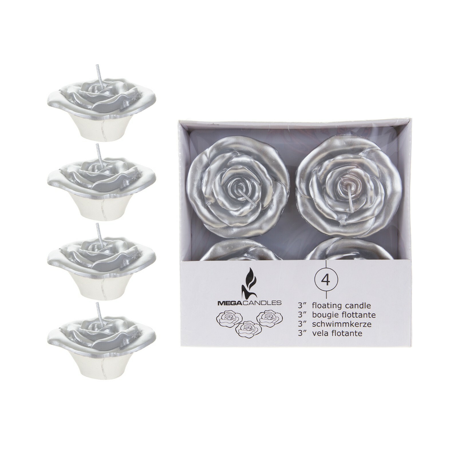 Mega Candles - Unscented 3" Floating Flower Candles - Silver, Set of 12 ...