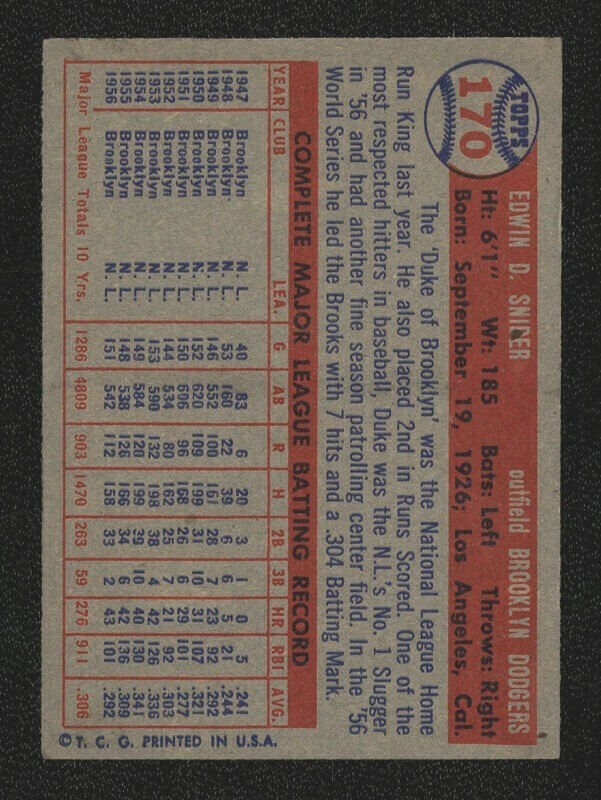 1957 TOPPS #170 DUKE SNIDER WELL CENTERED EX+ TO EXCELLENT-MINT ...