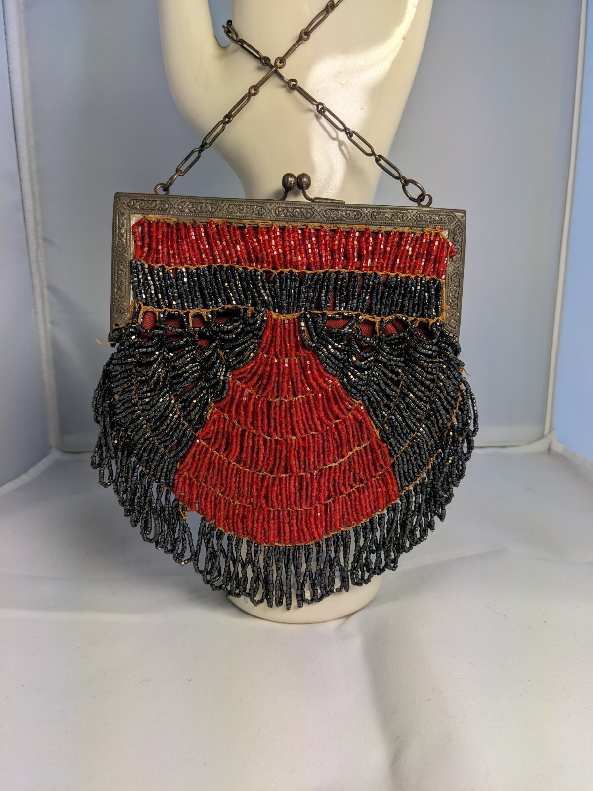 Antique Victorian Reticule/ Purse Beaded Red Black Me… - Gem