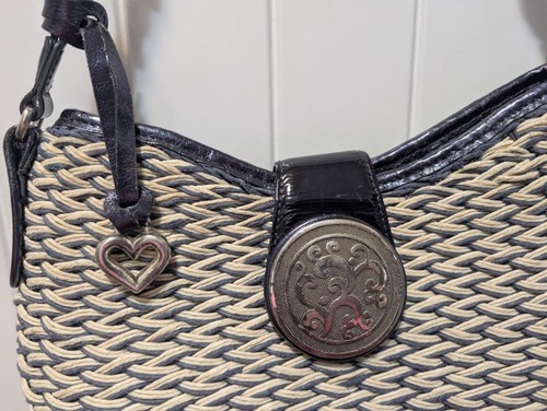 Brighton Natural Wicker Woven Purse Handbag Tote Beige Navy Blue | eBay