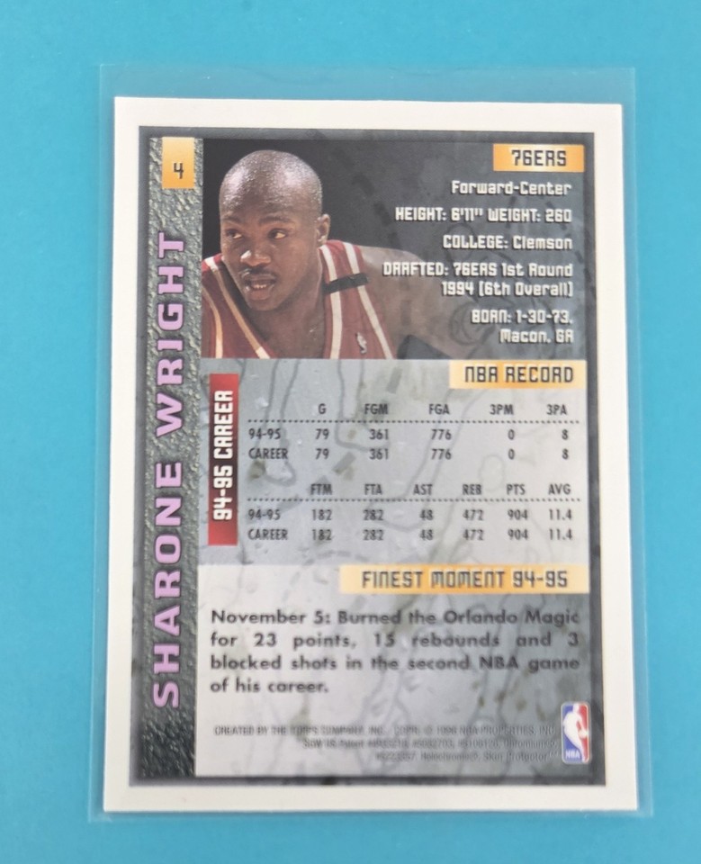 1995-96 Finest #4 Sharone Wright Philadelphia 76ers BASKETBALL Card Q4 ...