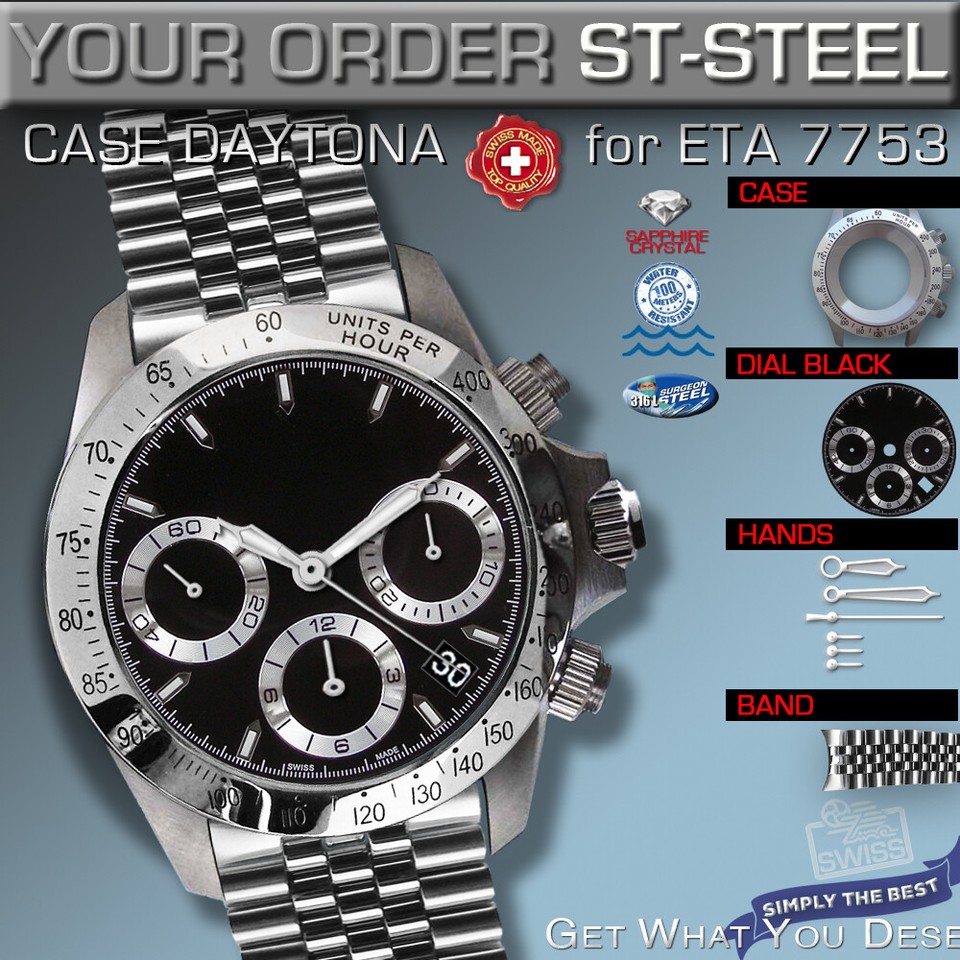DO IT YOURSELF KIT: 7753 ETA-VALJOUX, DAYTONA, 316L, STAINLESS STEEL ...