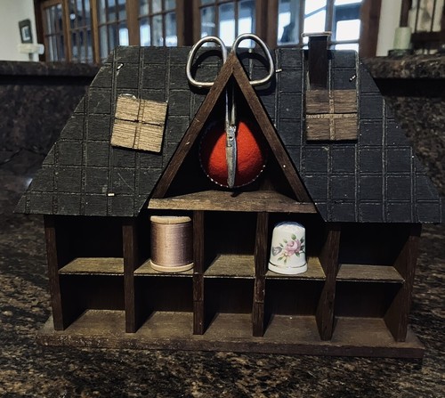 Vintage Sewing Decor Wooden House Thimble Thread Pins Holder Figurines ...