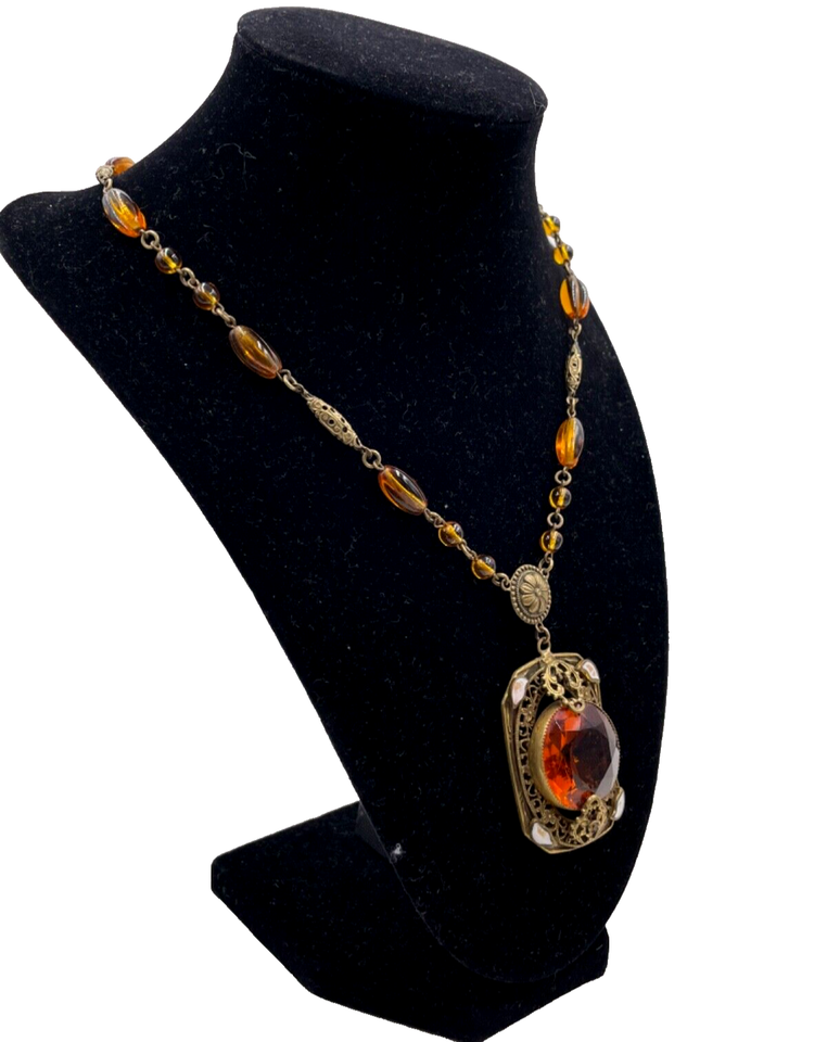 ANTIQUE NEIGER BROS NECKLACE ART DECO CZECH ENAMEL CRYSTAL GOLD-WASH ...