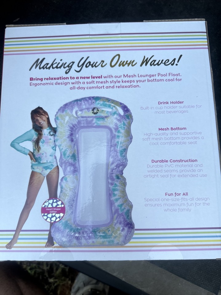 Justice Mesh Lounger Pool Float, 62" x 33.5" Ages 6+ Heart Glitter | eBay