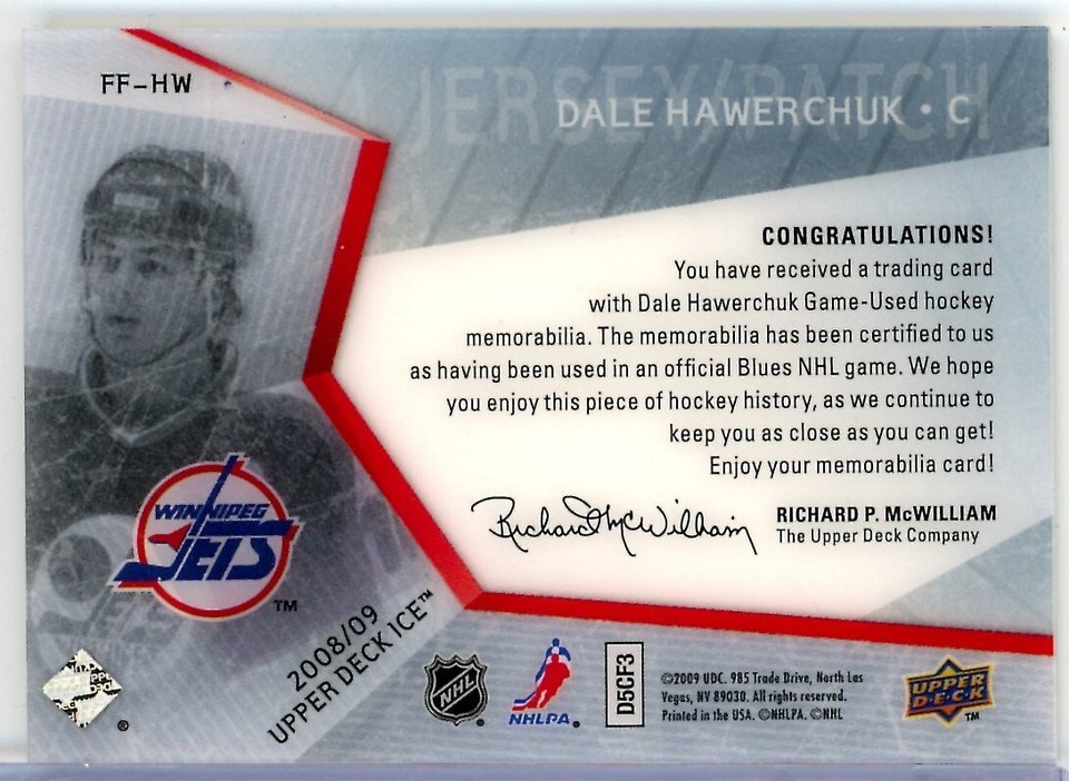 2008-09 Upper Deck Ice Frozen Fabrics #FFHW Dale Hawerchuk JERSEY PATCH ...