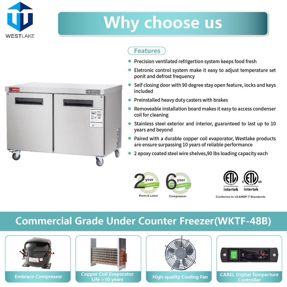 WESTLAKE Stainless Steel 48" 2-Door Worktop Lowboy Undercounter Freezer ...