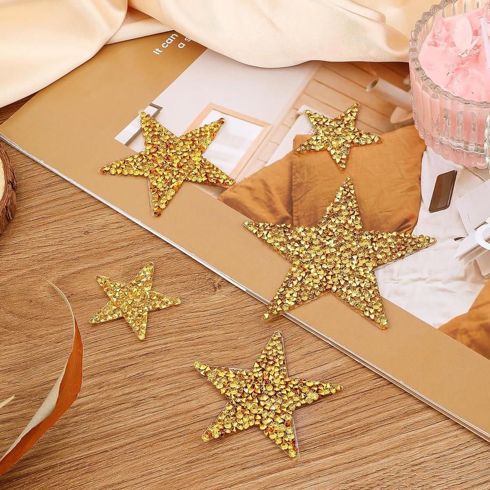 12pcs Star Iron On Patches Rhinestone Gold Stickers Adhesive Applique ...
