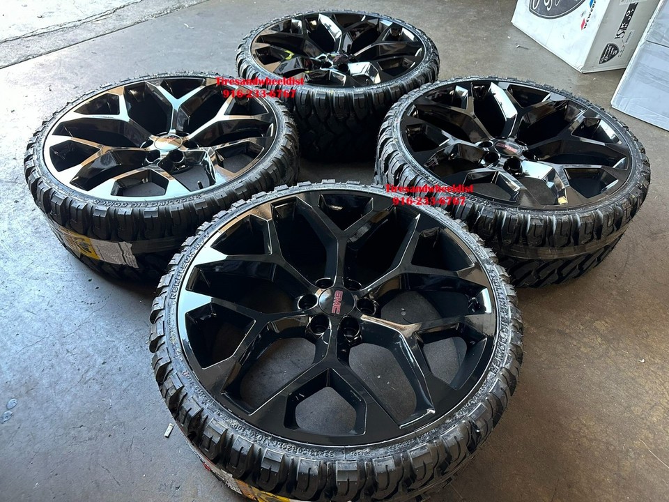 26'' Snowflake Gloss Black Wheels 33'' MT Tires fit Sierra Silverado ...