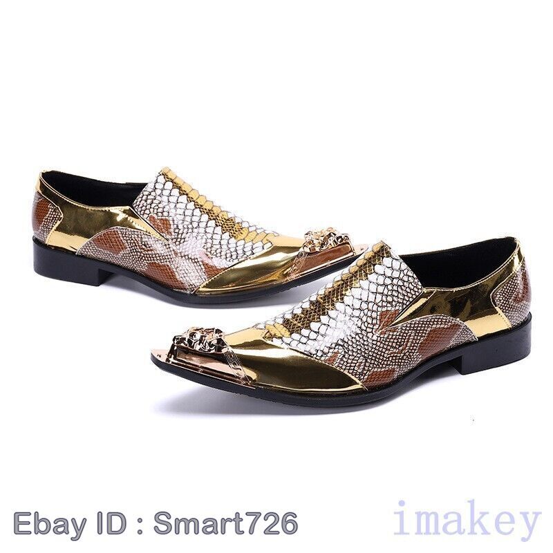 European Mens Oxfords Real Leather Slip On Gold Wing Tip Metal Pointed ...