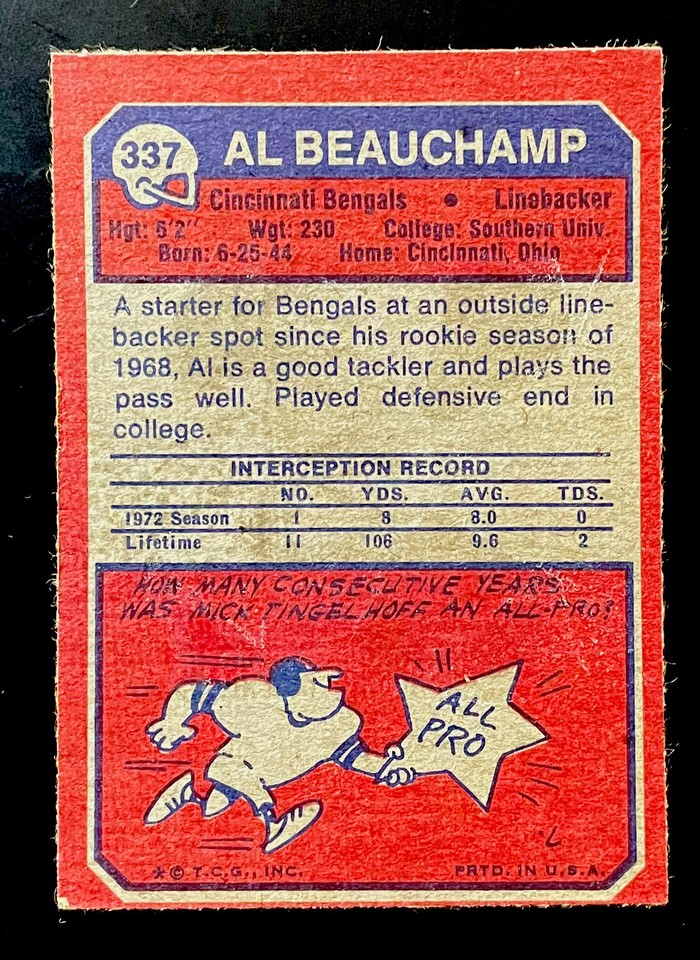 1973 Topps #337 Al Beauchamp Cincinnati Bengals Vintage Football Card ...