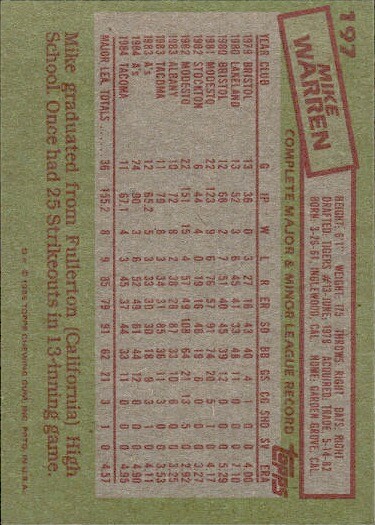 1985 Topps #197 Mike Warren Oakland Athletics Baseball | eBay
