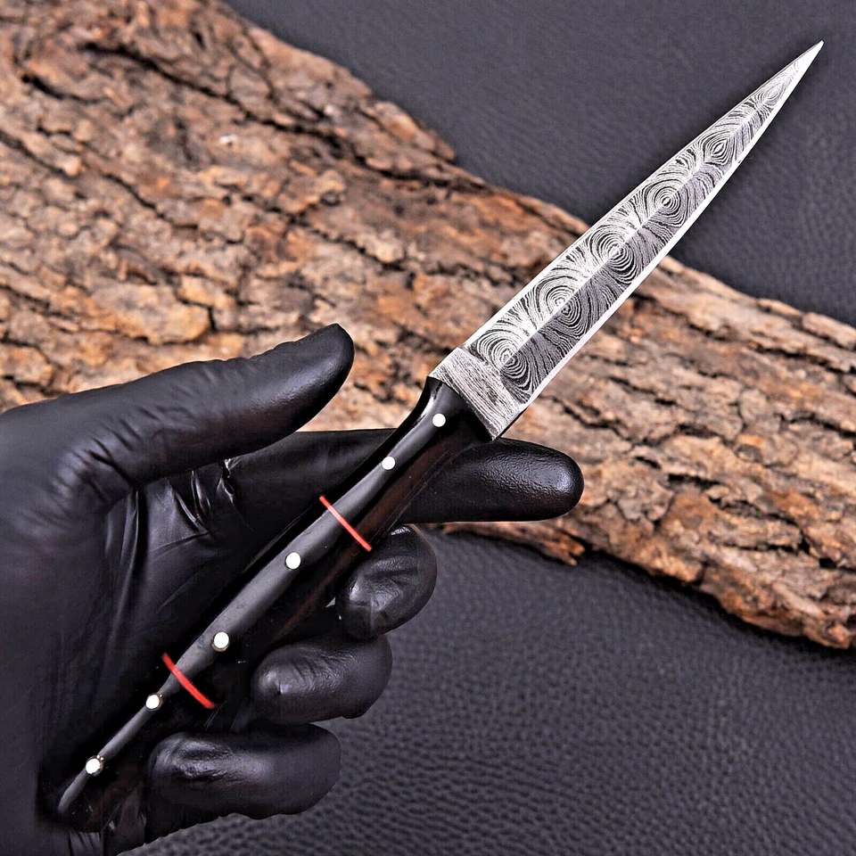 CUSTOM MADE FORGED DAMASCUS STEEL BOOT HUNTING KNIFE W LEATHER SHEATH ...