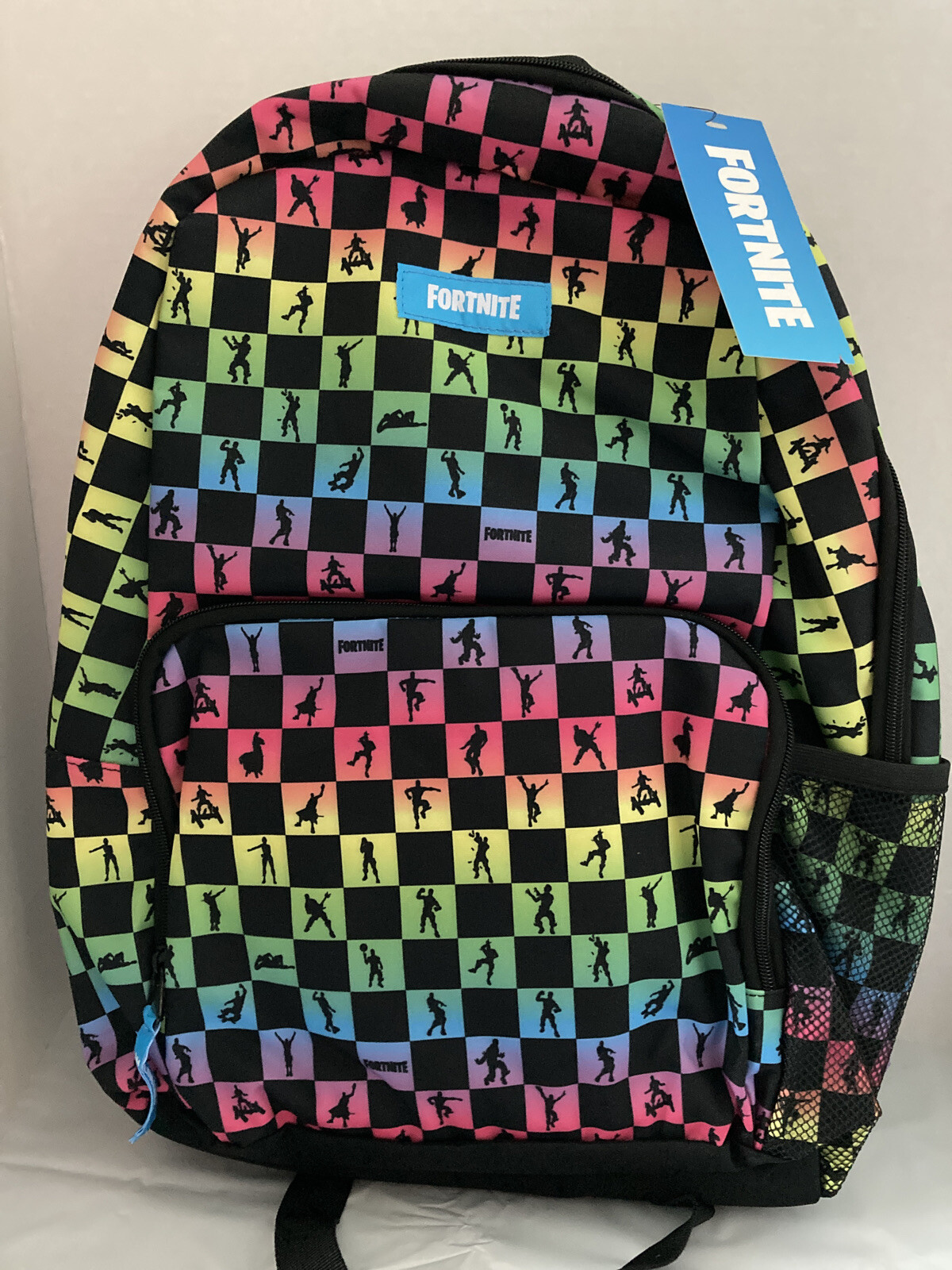Fortnite Emote Multicolored Checkers 18” Backpack Mesh Bottle Pocket ...