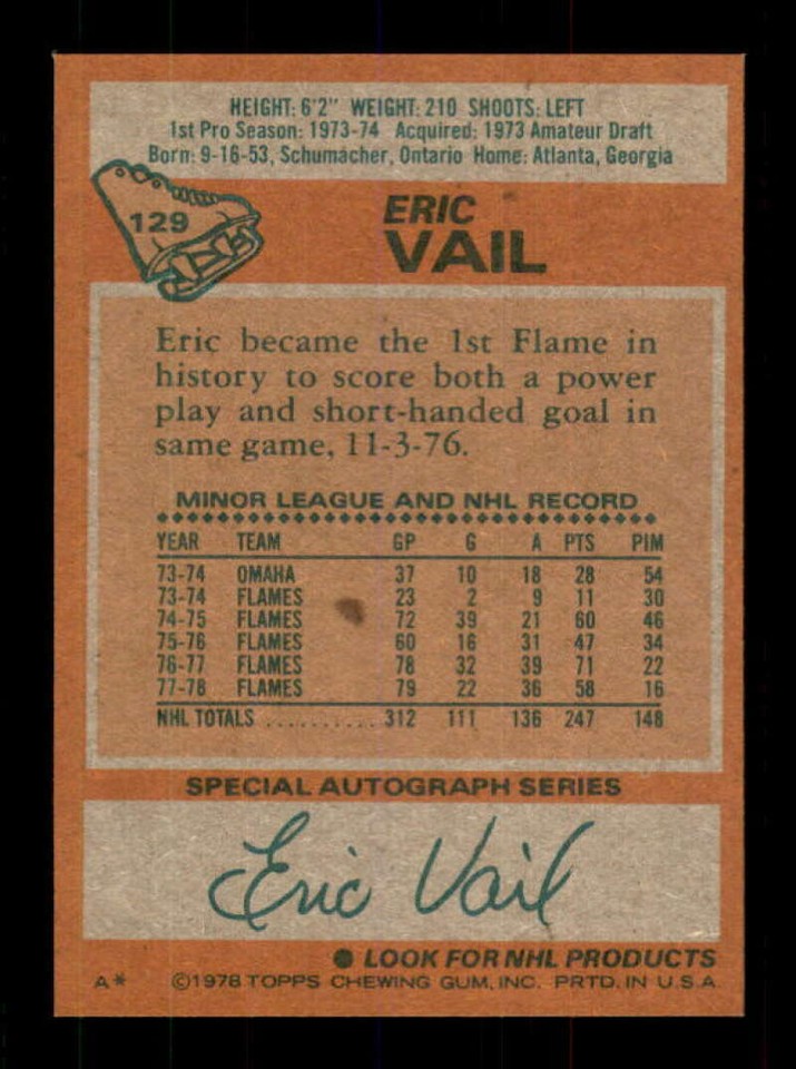 1978-79 Topps #129 Eric Vail NM/NM+ Flames 540947 | eBay