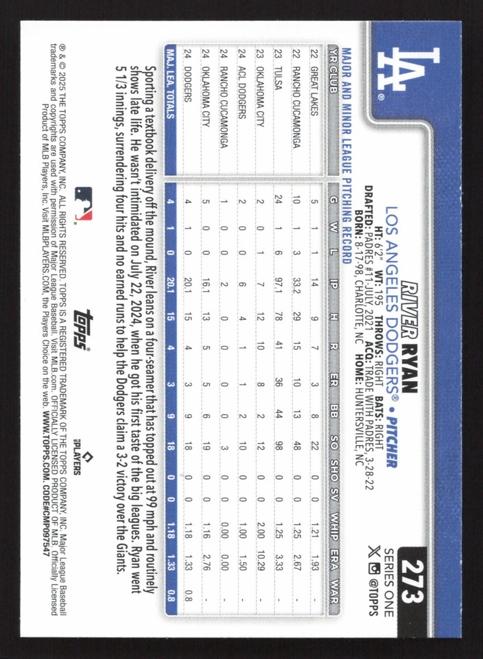 2025 Topps Series 1 #273 River Ryan RC Rookie Card **8-Card Lot** QTY ...