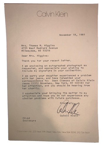 CALVIN KLEIN, ORIGINAL SIGNED LETTER, 11/18/1981, FASHION, JEANS | eBay