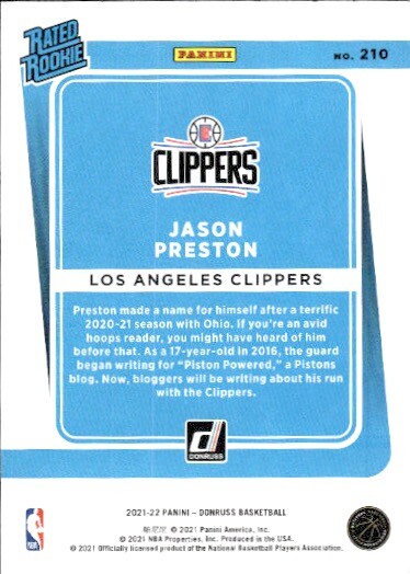 2021-22 Donruss #210 Jason Preston RC Los Angeles Clippers Basketball ...
