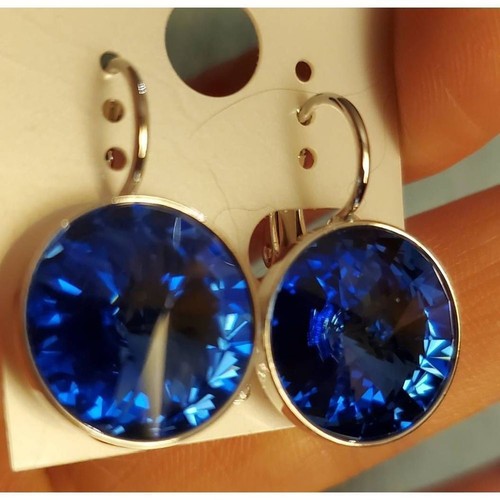 Royal Blue NWT Swarovski Element Crystal Earrings. 15mm. Round. Leverback Dangle | eBay