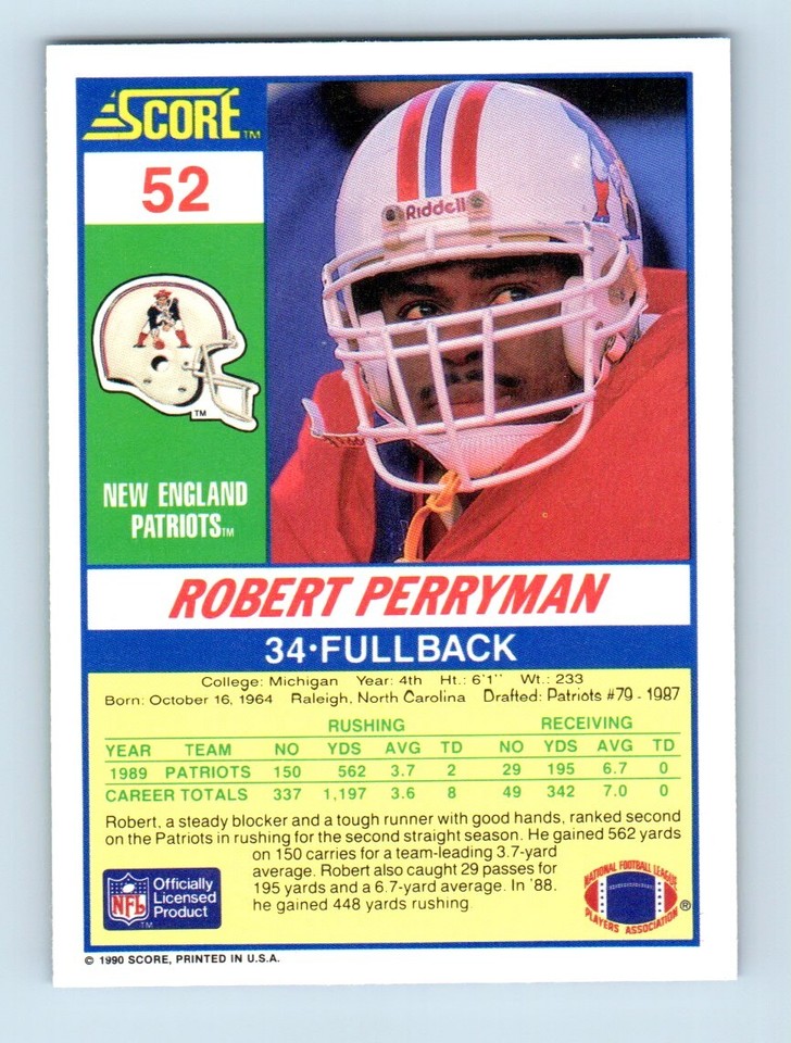 1990 Score Robert Perryman New England Patriots #52 | eBay
