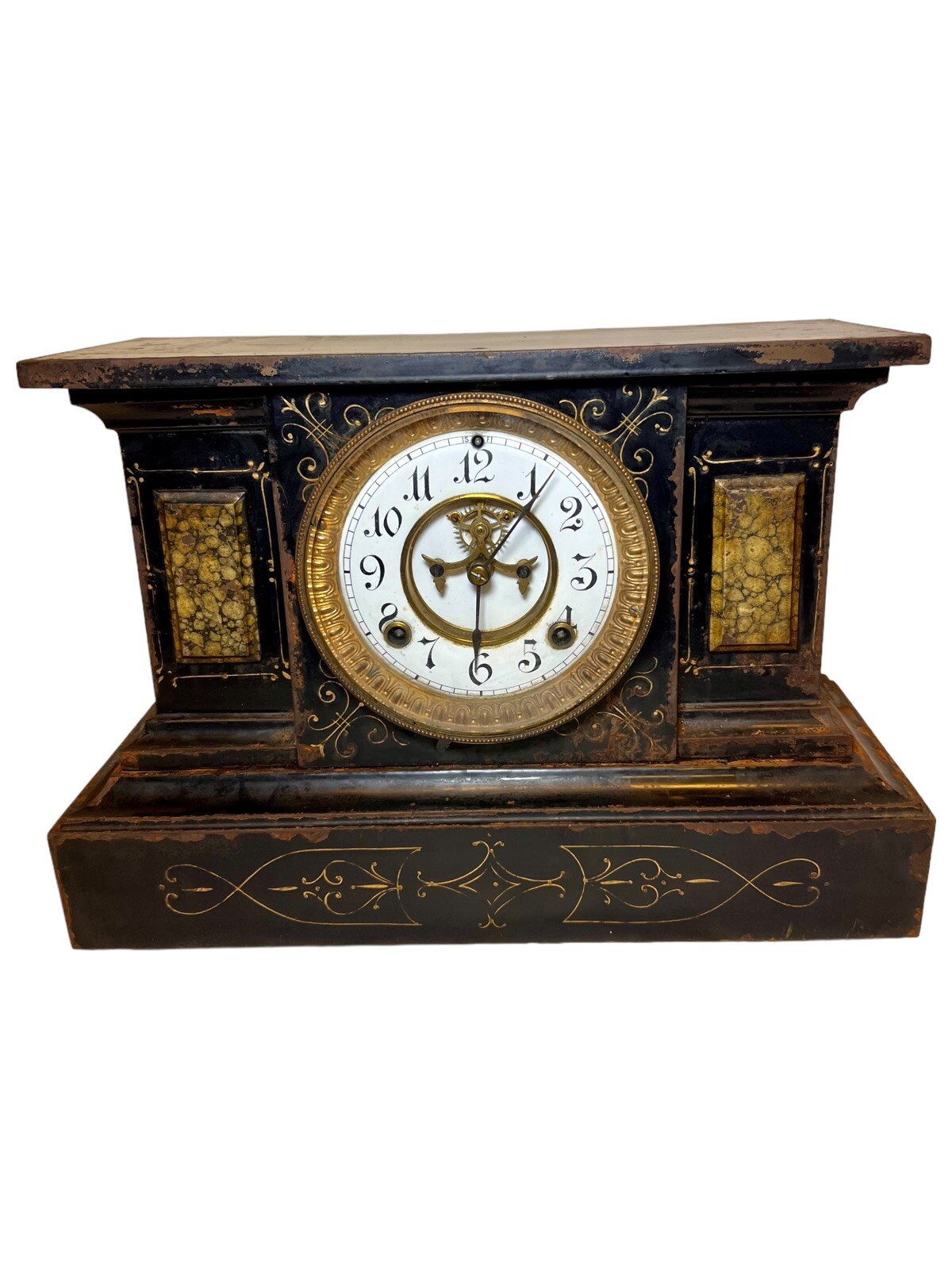 Antique 1881 Pat. Ansonia Black Gilt Cast Iron Mantle Clock Marble 15 X ...