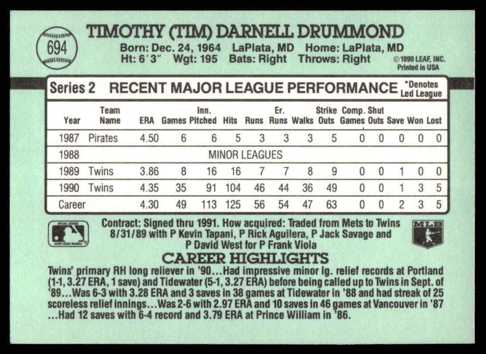 1991 Donruss Baseball Card Tim Drummond Minnesota Twins #694 | eBay
