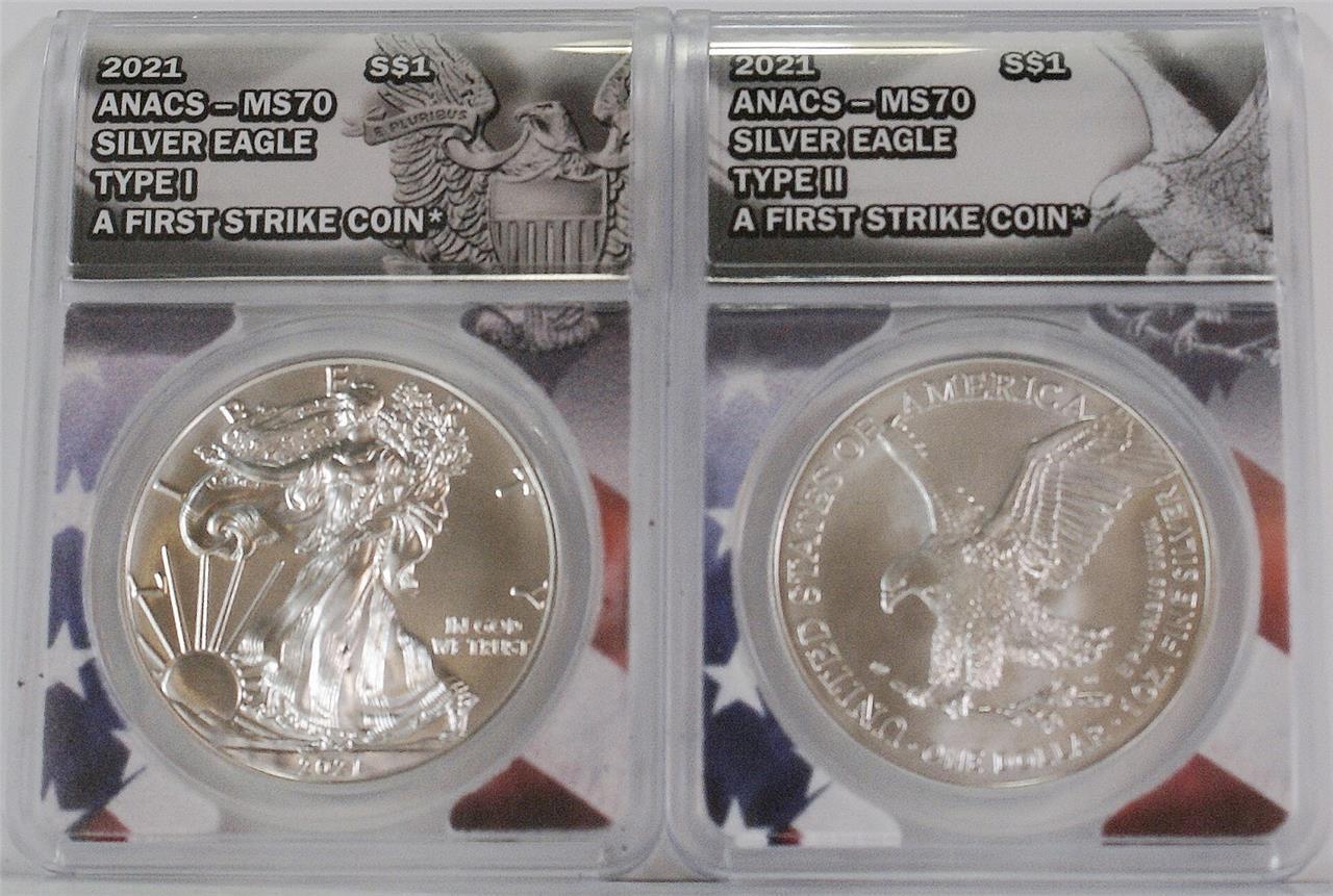 2021 $1 2 Coin Type 1 & Type 2 Silver Eagle ANACS MS70's Set A First ...