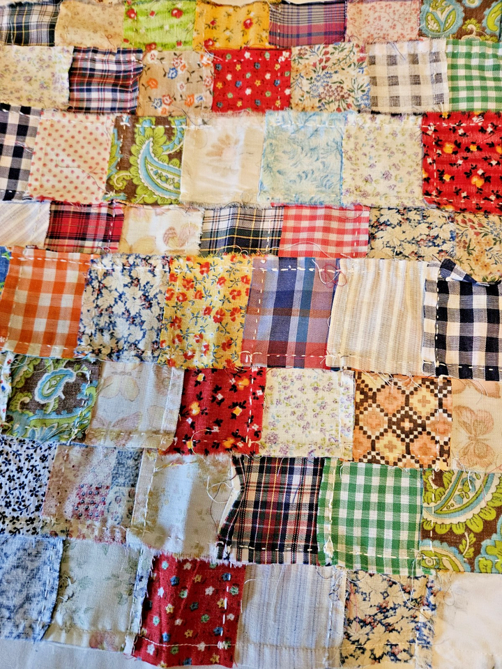 Vtg 2" Fabric Squares Hand Sewn to 14x14 Blocks Bordered with New ...