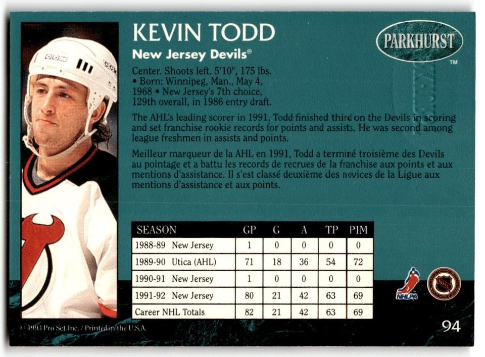 1992-93 Parkhurst Emerald Ice Kevin Todd #94 New Jersey Devils | eBay
