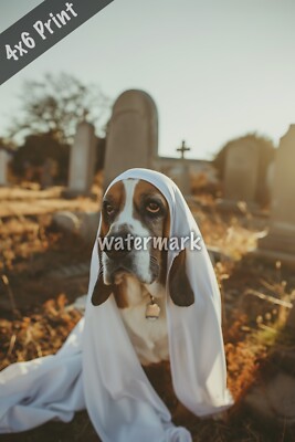 Basset Hound in a spooky ghost costume with a haunting g 4x6 Print | eBay