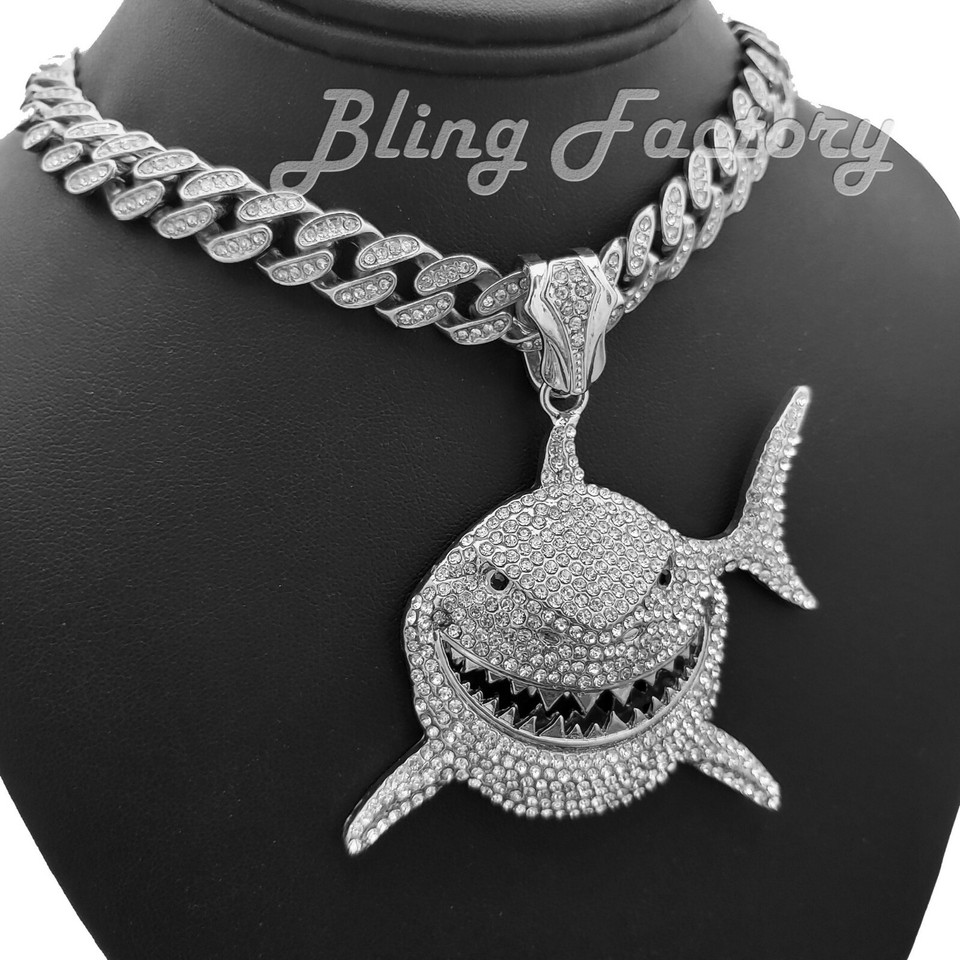6ix9ine Silver PT Iced Shark Pendant & 18" Iced Cuban & 1 Row Chain ...