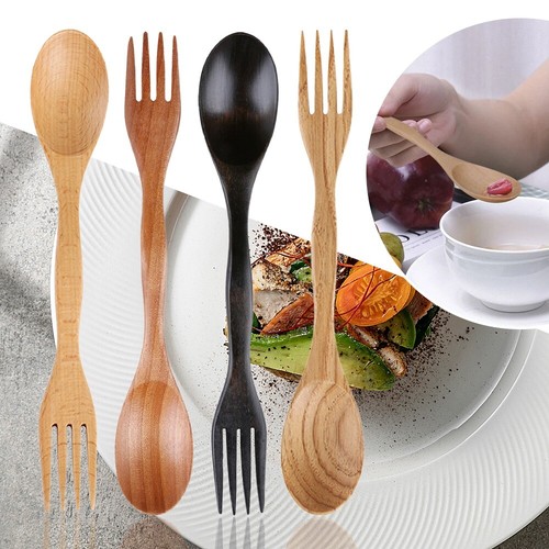 Cutlery Fruit Dinner Dual Head Spoon Fork Natural Wood 2 in 1 | eBay ...