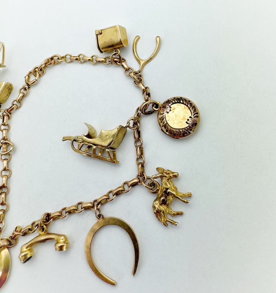 Estate 10K Charm Bracelet with Charms, Single Links Yellow Gold, Wish ...