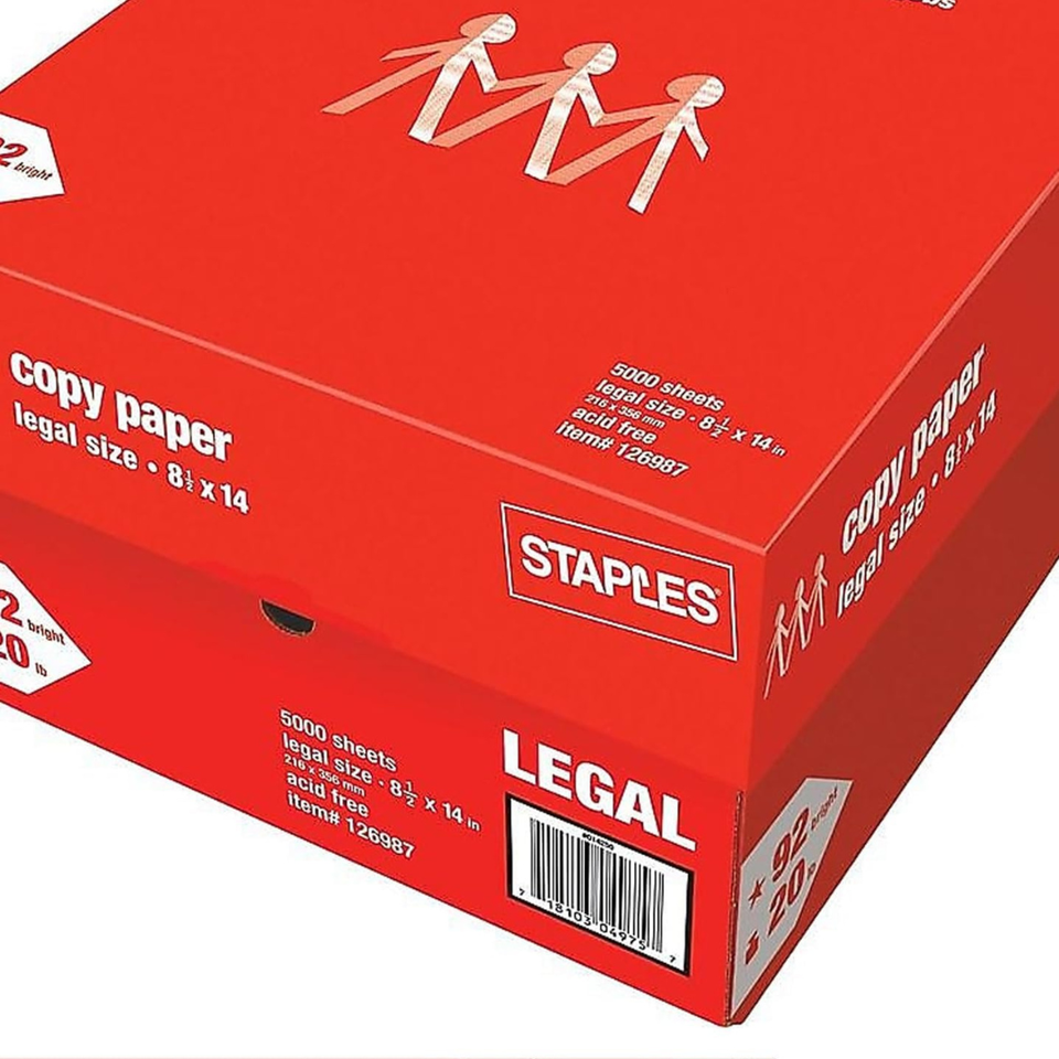 Staples Copy Paper, 8.5" x 14", 20 lbs., White, 500 Sheets/Ream, 10 ...