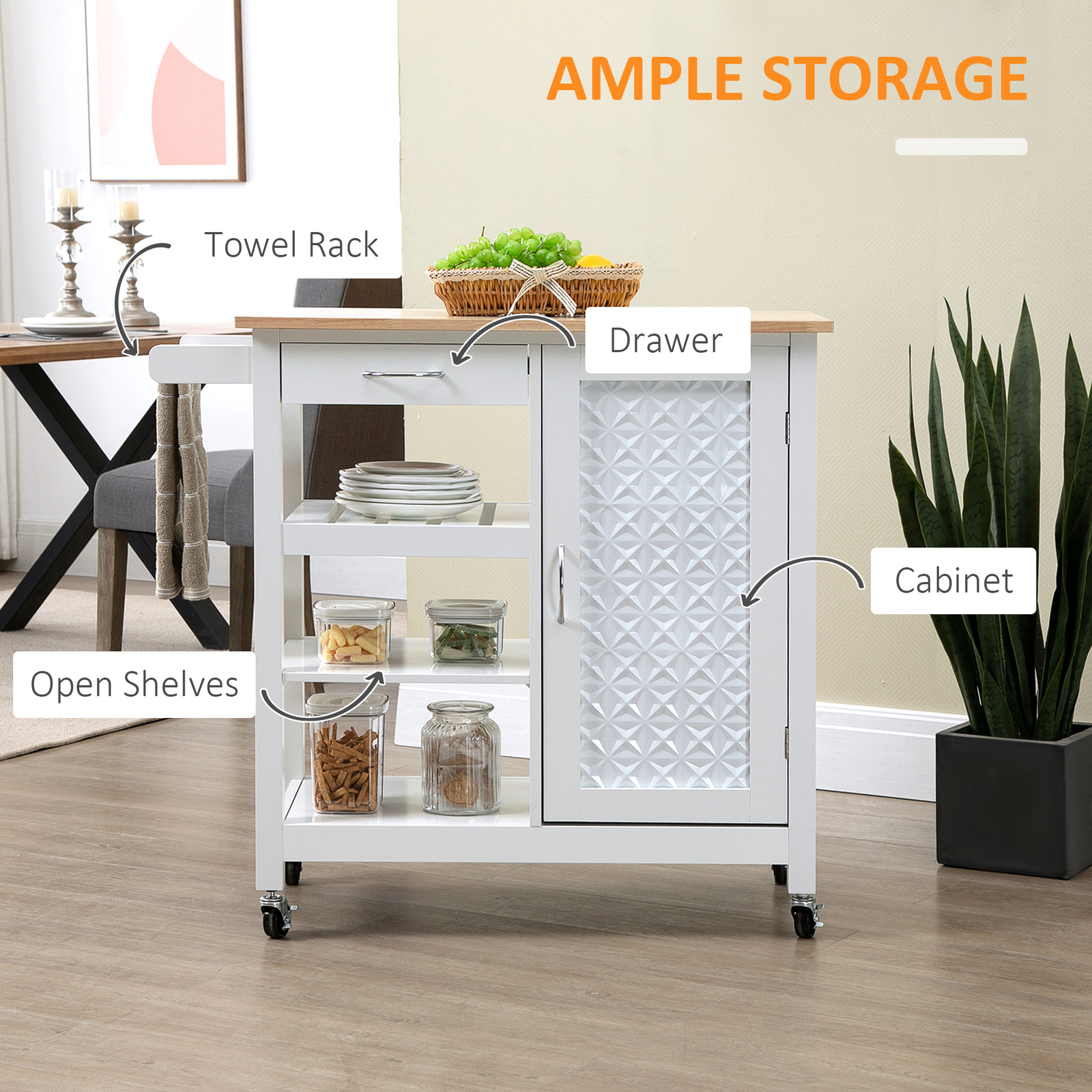 Compact Kitchen Trolley Utility Cart on Wheels with Embossed Door White ...