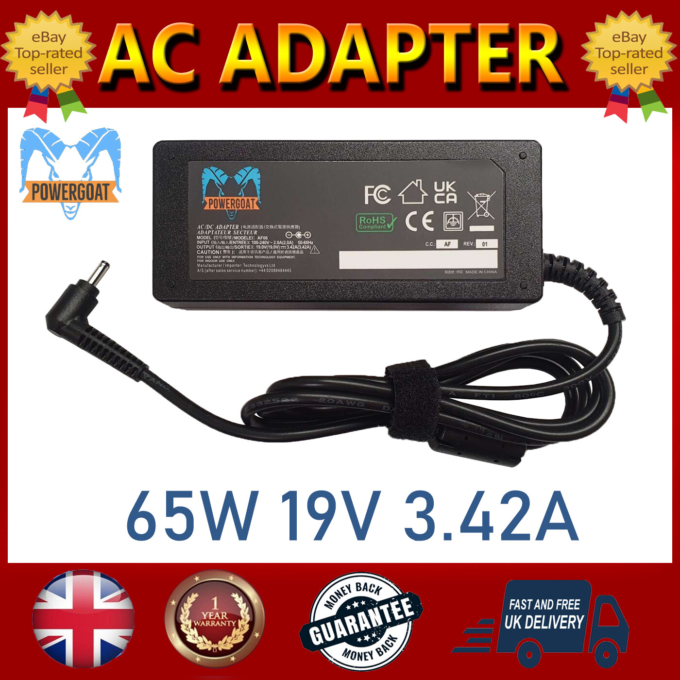 REPLACEMENT POWERGOAT AC ADAPTER 65W 3.42A 19V FOR ASUS X SERIES X515JA ...