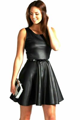 Ladies PVC Wet Look Plus Belted Flared Celebrity Sexy Skater Dress TOP ...