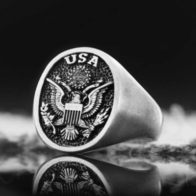 CUSTOM MADE USA EAGLE RING, Signet Ring, Military, Navy, Police, Gold ...