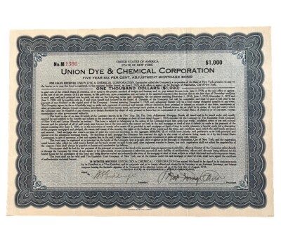 1918 Union Dye & Chemical Corp. Bond Certificate #M1366, (Kingsport, TN ...