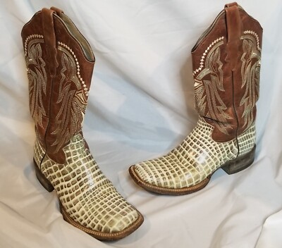 Roper Exotic Caiman Crocodile Print Cowboy Boots 7.5 Brown Square Toe ...