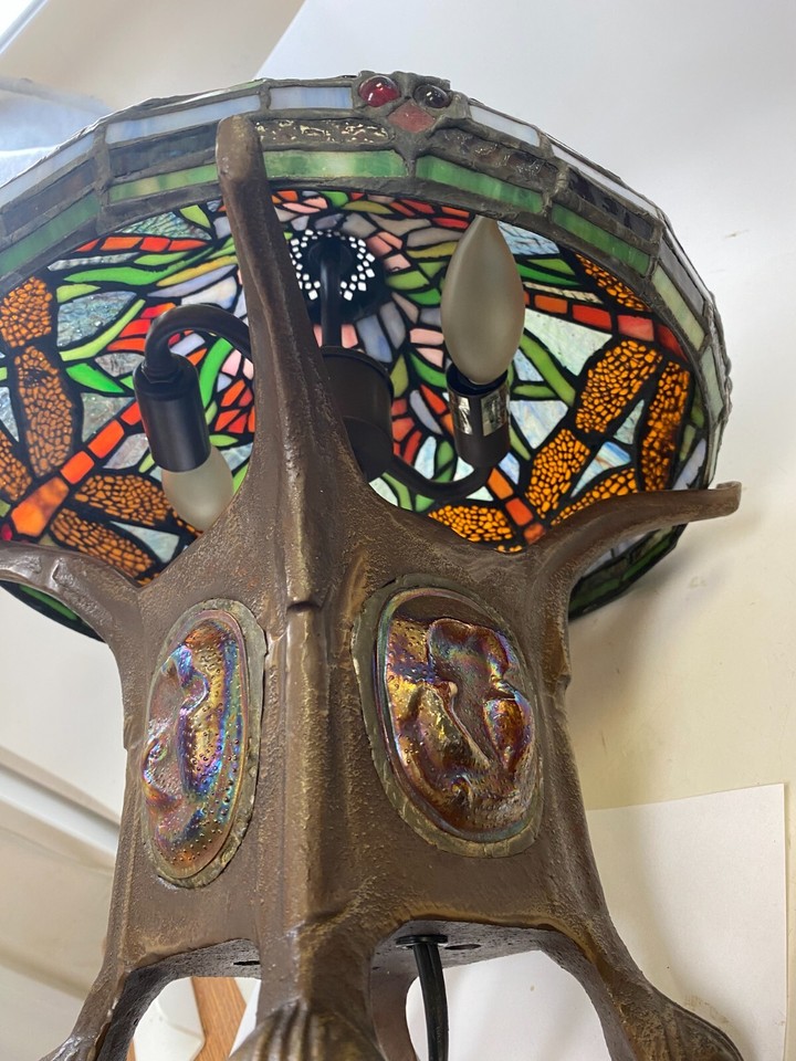 VINTAGE-Stained Glasses Dragon Fly Shade Turtle Back Lamp Rare 15x12 ...