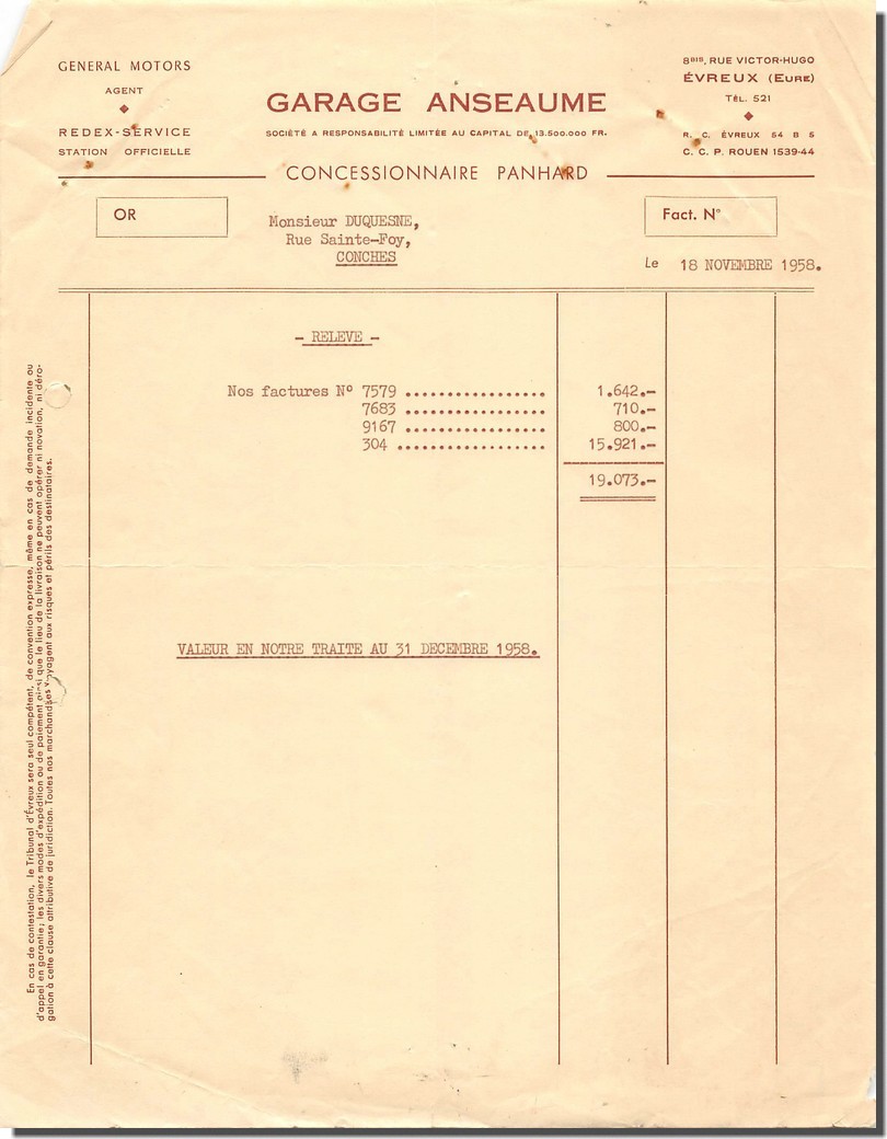 Invoice GARAGE ANSEAUME General Motors In Evreux 1958 | eBay Australia